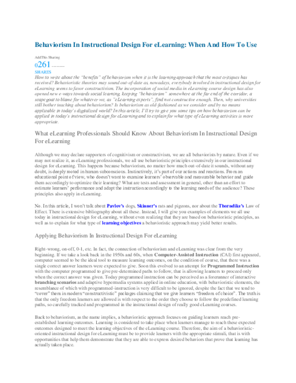 (DOC) Behaviorism In Instructional Design For eLearning