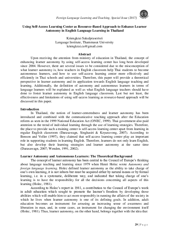 (PDF) Using Self-Access Learning Center as Resource-Based Approach to Enhance Learner Autonomy ...