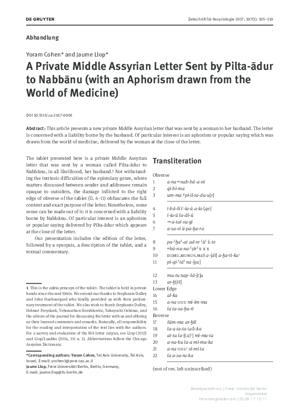 (PDF) 2017 Coauthored with Yoram Cohen, A Private Middle Assyrian ...