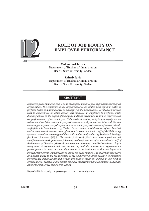 (PDF) ROLE OF JOB EQUITY ON EMPLOYEE PERFORMANCE