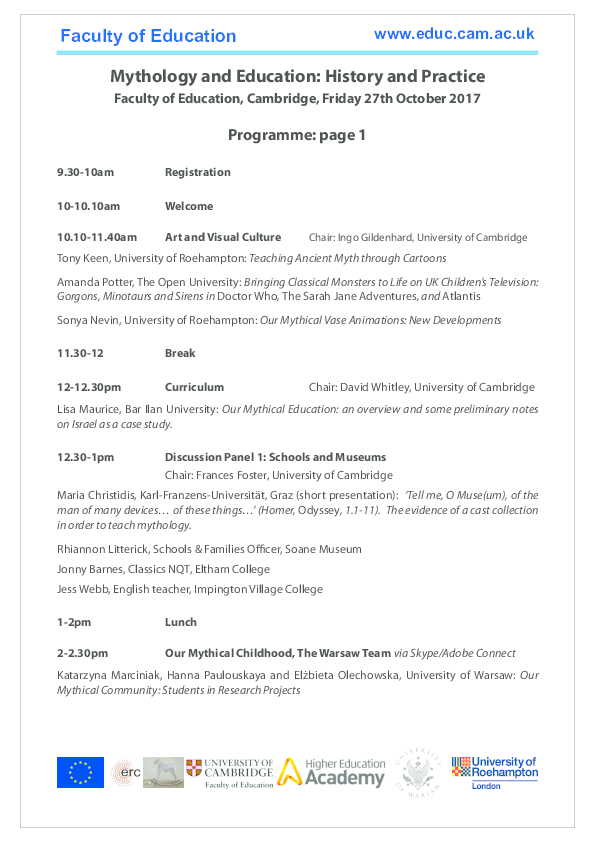 (PDF) Mythology and Education: History and Practice (workshop programme)