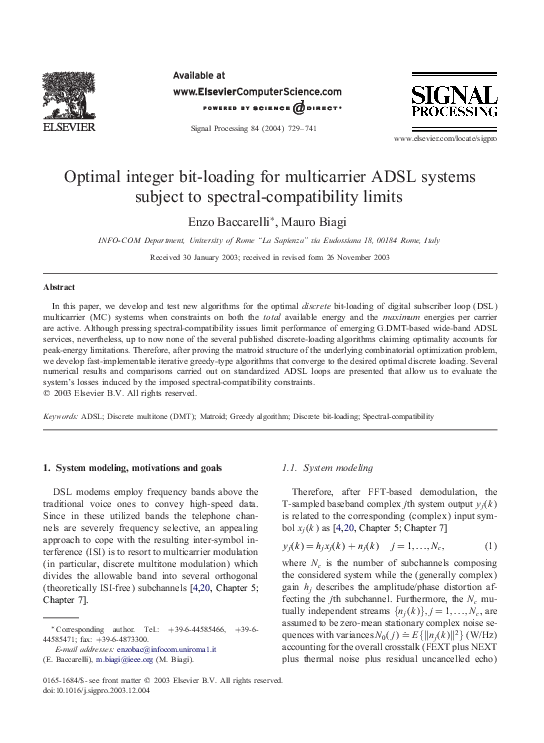 Pdf Optimal Integer Bit Loading For Multicarrier Adsl Systems Subject