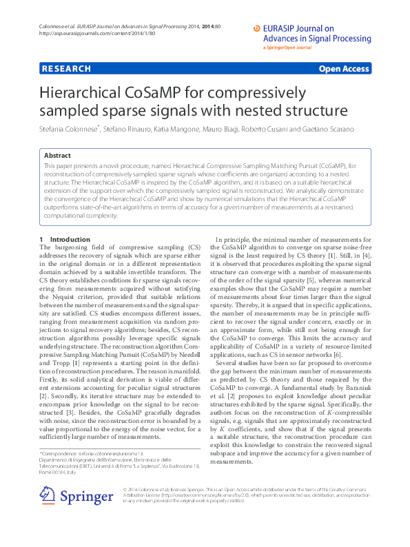 Pdf Hierarchical Cosamp For Compressively Sampled Sparse Signals With Nested Structure