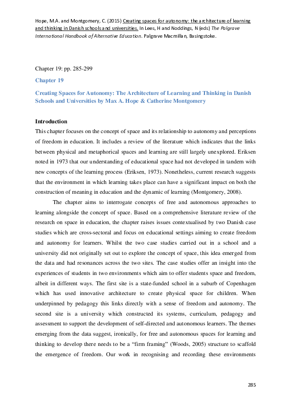 (PDF) Creating Spaces for Autonomy: The Architecture of Learning and ...