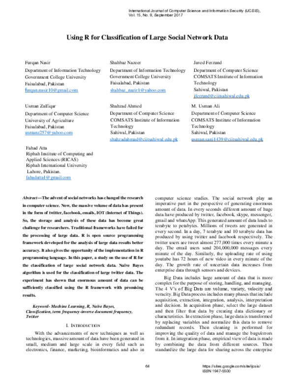 (PDF) Using R for Classification of Large Social Network Data