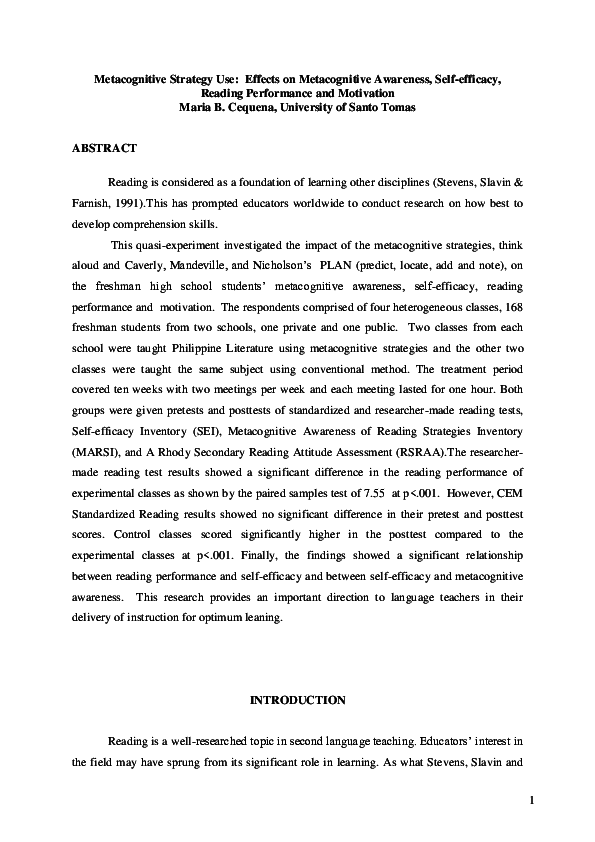 Doc Metacognitive Strategy Use Effects On Metacognitive Awareness Self Efficacy Reading