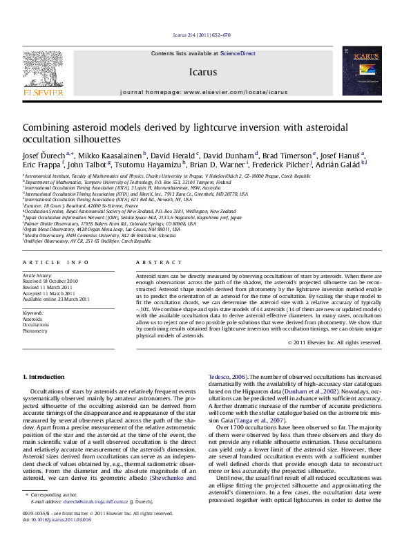 (PDF) Combining asteroid models derived by lightcurve inversion with asteroidal occultation ...