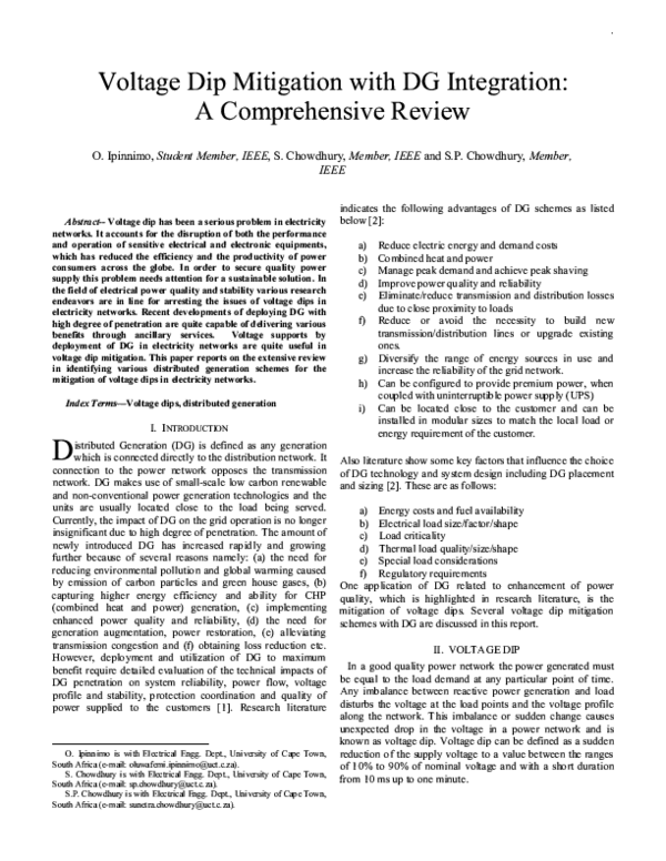 (PDF) Voltage Dip Mitigation with DG Integration: A Comprehensive Review