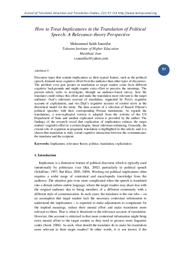 (PDF) How to Treat Implicatures in the Translation of Political Speech ...