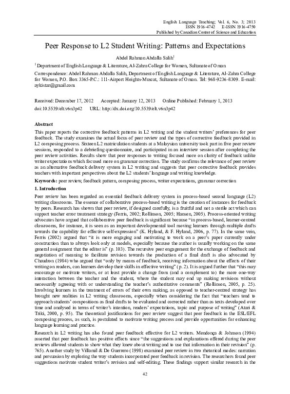 (PDF) Peer Response to L2 Student Writing: Patterns and Expectations