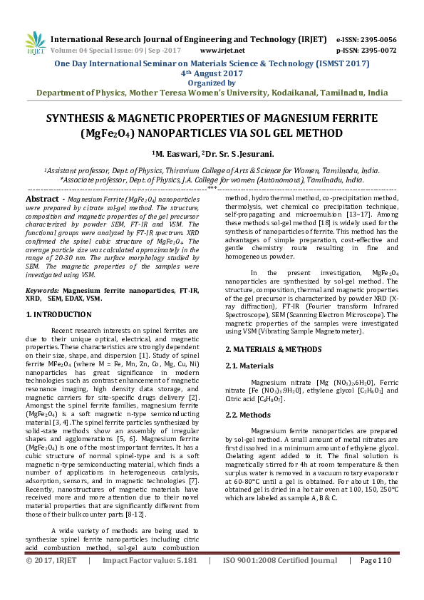 (PDF) SYNTHESIS & MAGNETIC PROPERTIES OF MAGNESIUM FERRITE (MgFe2O4) NANOPARTICLES VIA SOL GEL ...