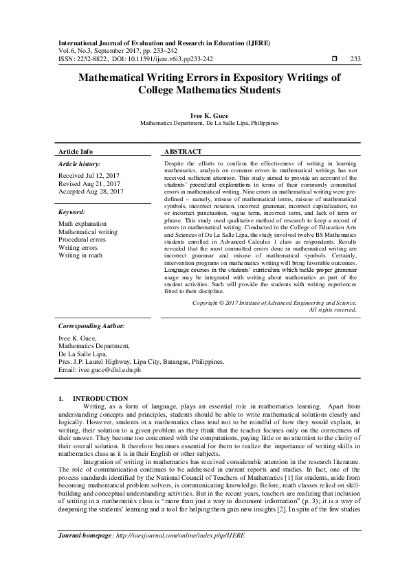(PDF) Mathematical Writing Errors in Expository Writings of College Mathematics Students