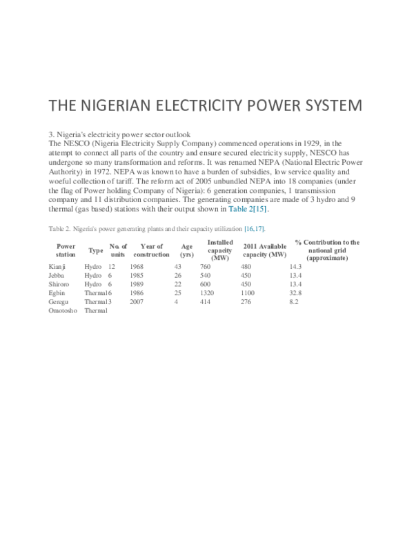 (PDF) THE NIGERIAN ELECTRICITY POWER SYSTEM