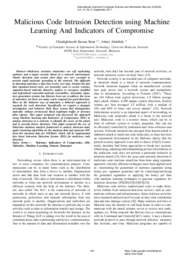 (PDF) Malicious Code Intrusion Detection using Machine Learning And Indicators of Compromise