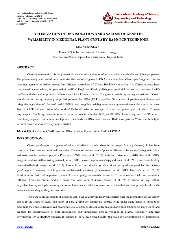 Pdf Optimization Of Dna Isolation And Analysis Of Genetic Variability In Medicinal Plant