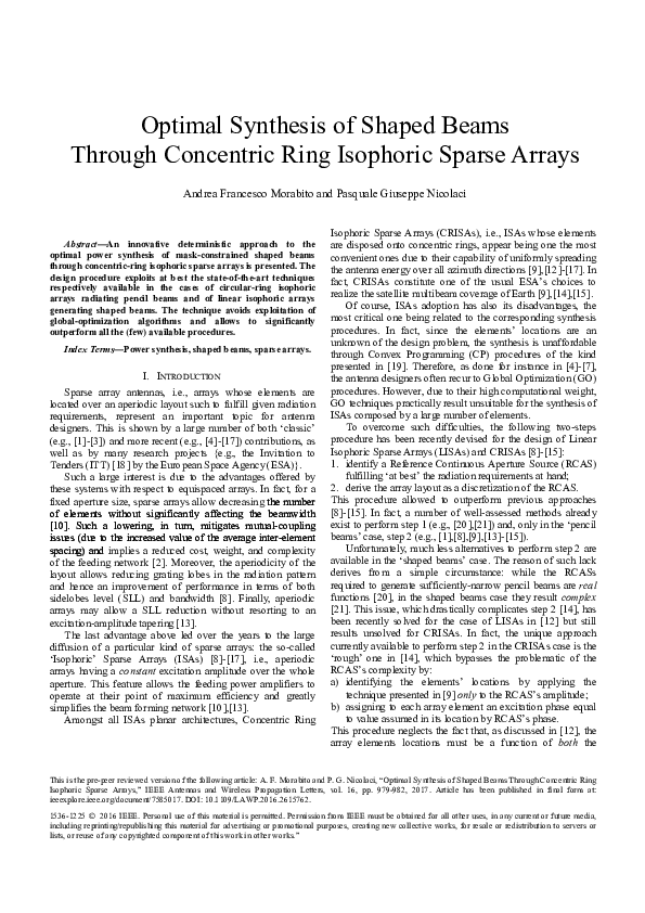 Pdf Optimal Synthesis Of Shaped Beams Through Concentric Ring Isophoric Sparse Arrays 