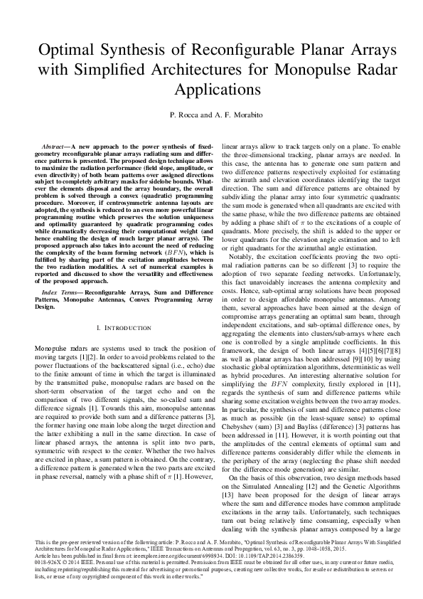 Pdf Optimal Synthesis Of Reconfigurable Planar Arrays With Simplified Architectures For