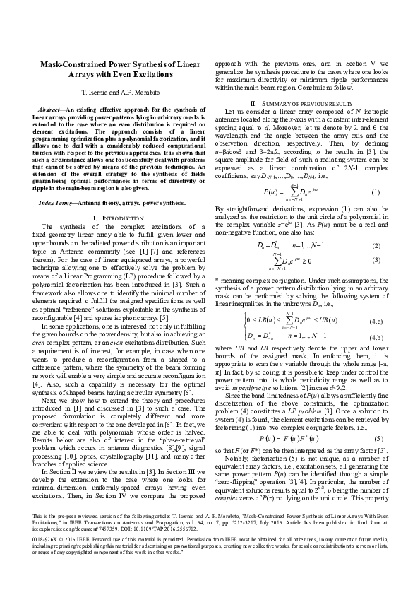 Pdf Mask Constrained Power Synthesis Of Linear Arrays With Even