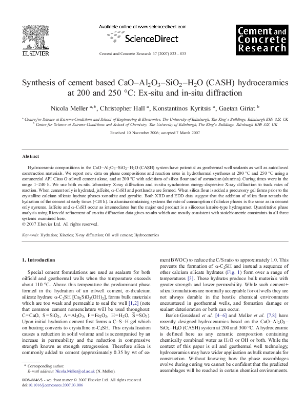 (PDF) Synthesis of cement based CaO-Al2O3-SiO2-H2O(CASH) hydroceramics ...