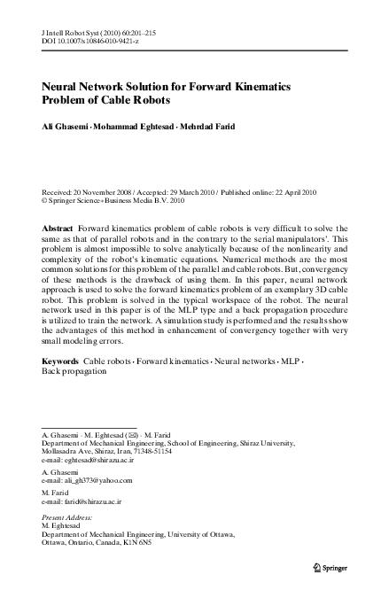 (PDF) Neural Network Solution for Forward Kinematics Problem of Cable Robots