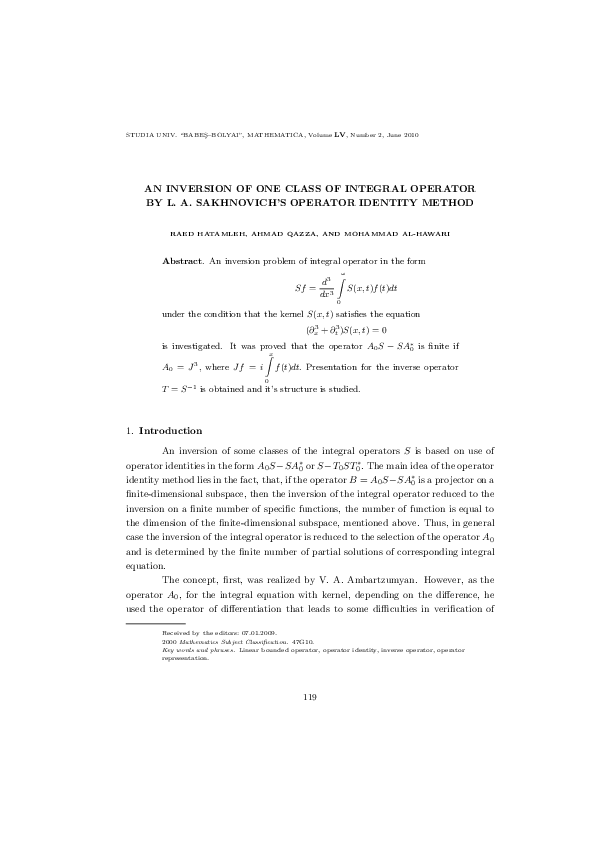 (PDF) AN INVERSION OF ONE CLASS OF INTEGRAL OPERATOR BY L. A ...