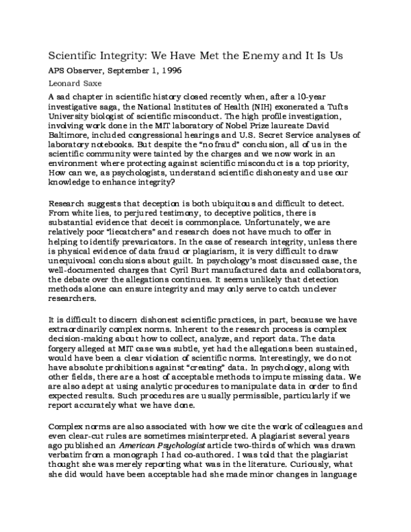 (PDF) Scientific Integrity: We have met the enemy and it is us