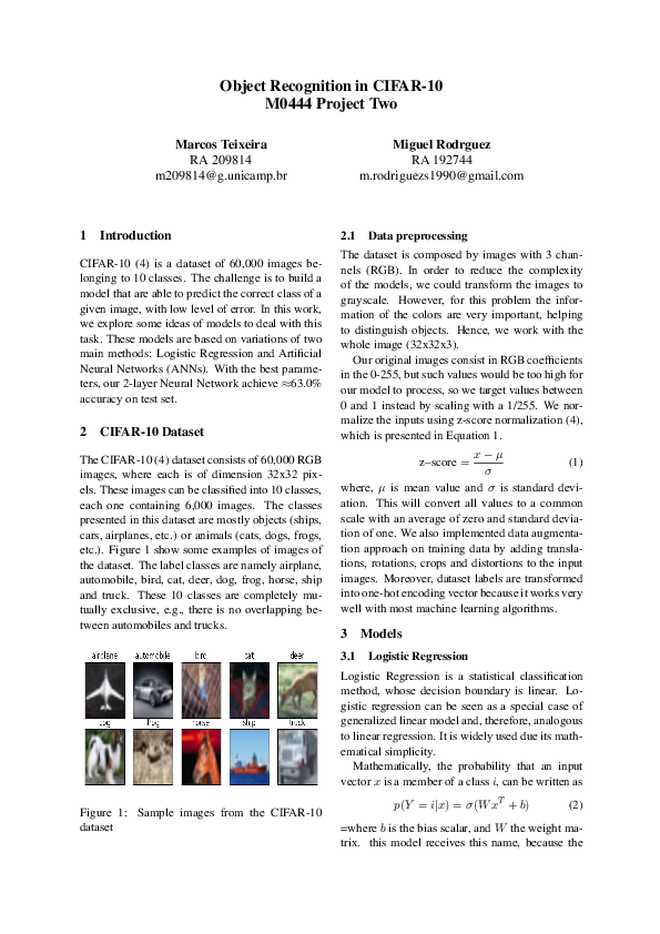 Pdf Object Recognition In Cifar 10 M0444 Project Two Marcos Vinicius