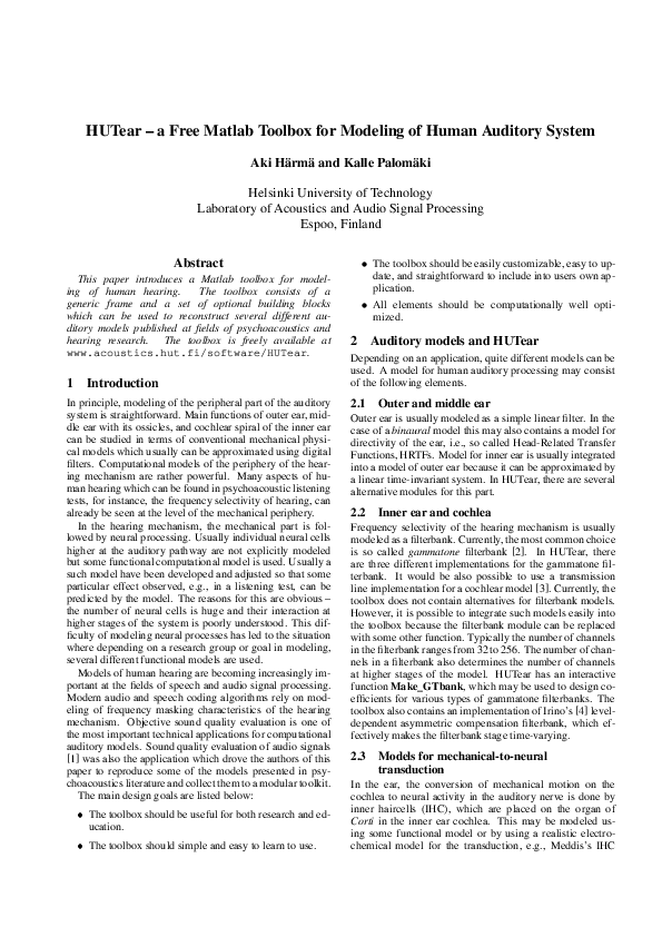 HUTear a free Matlab toolbox for modeling of human auditory system