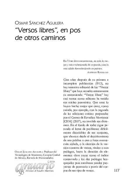 (PDF) Versos libres en pos de (Anuario CEM)