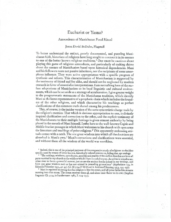 (PDF) Eucharist or Yasna? Antecedents of Manichaean Food Ritual
