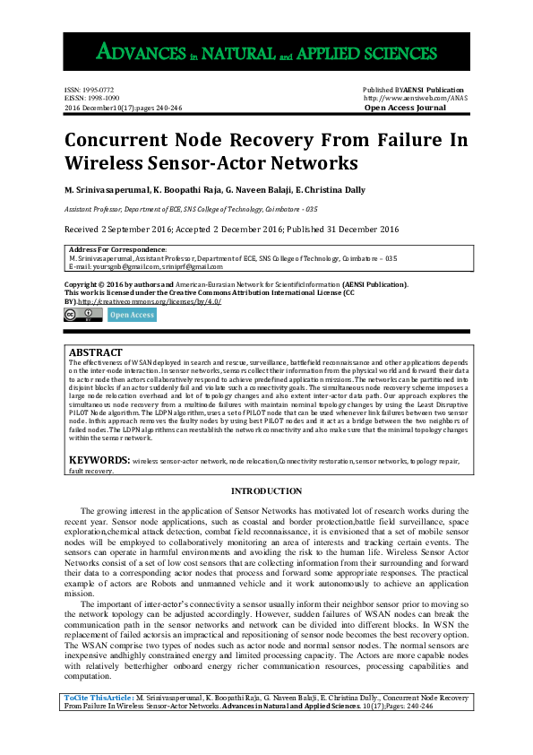 (PDF) ADVANCES in NATURAL and APPLIED SCIENCES Open Access Journal Concurrent Node Recovery From ...