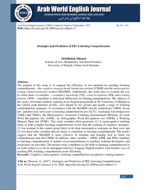 Pdf Strategies And Predictors Of Efl Listening Comprehension