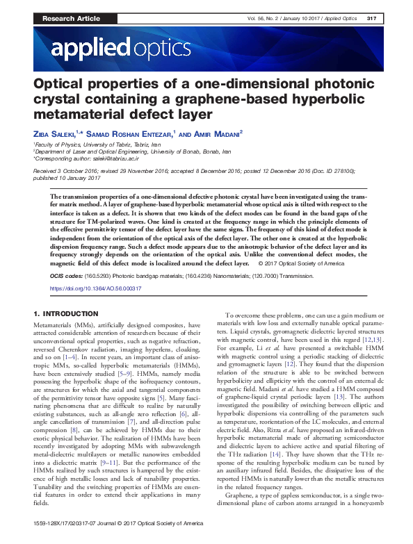 (PDF) Optical properties of a one-dimensional photonic crystal containing a graphene-based ...