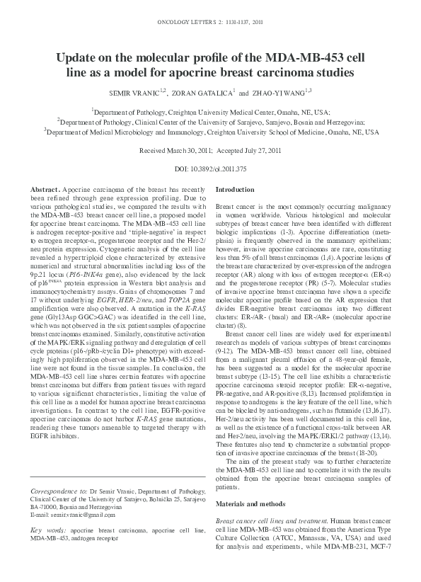 (PDF) Update on the molecular profile of the MDA-MB-453 cell line as a ...