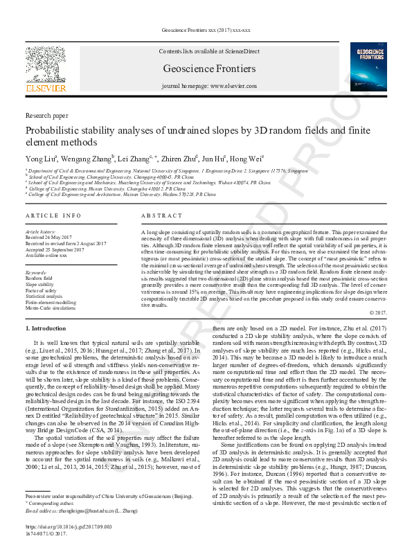 (PDF) 3D Random Finite Element Analysis for Slope Stability