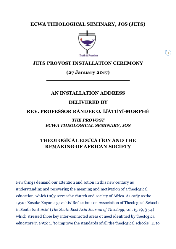 (PDF) THEOLOGICAL EDUCATION AND THE REMAKING OF AFRICAN SOCIETY - JETS ...