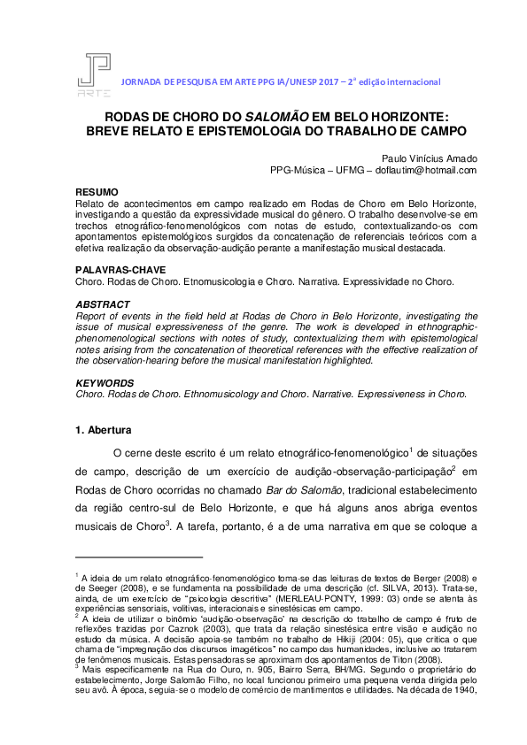 (PDF) RODAS DE CHORO DO SALOMÃO EM BELO HORIZONTE: BREVE RELATO E EPISTEMOLOGIA DO TRABALHO DE CAMPO