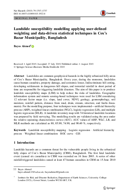 (PDF) Landslide susceptibility modelling applying user-defined weighting and data-driven ...
