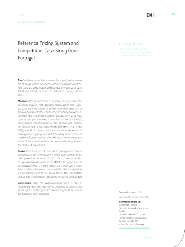 (PDF) Reference pricing system and competition: case study from Portugal