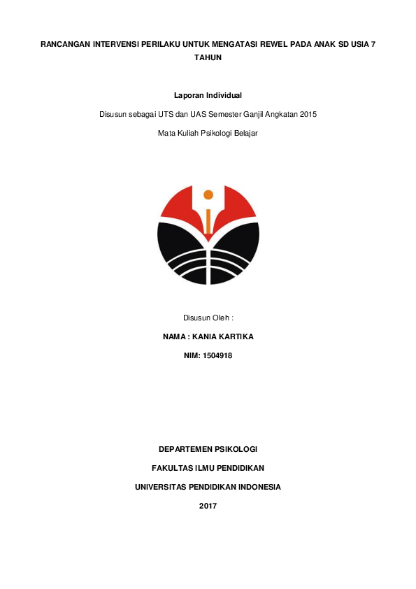 (DOC) RANCANGAN INTERVENSI PERILAKU UNTUK MENGATASI REWEL PADA ANAK SD ...