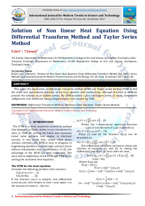 Pdf Solution Of Non Linear Heat Equation Using Differential Transform Method And Taylor Series