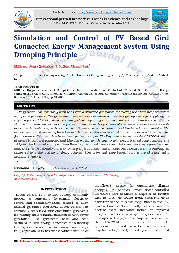Pdf Simulation And Control Of Pv Based Gird Connected Energy Management System Using Drooping