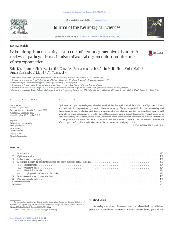 (PDF) Ischemic optic neuropathy as a model of neurodegenerative disorder: A review of pathogenic ...
