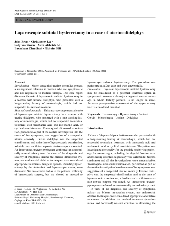 (PDF) Laparoscopic subtotal hysterectomy in a case of uterine didelphys