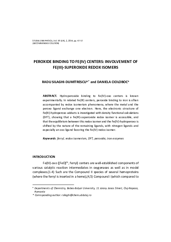 (PDF) PEROXIDE BINDING TO FE(IV) CENTERS: INVOLVEMENT OF FE(III ...