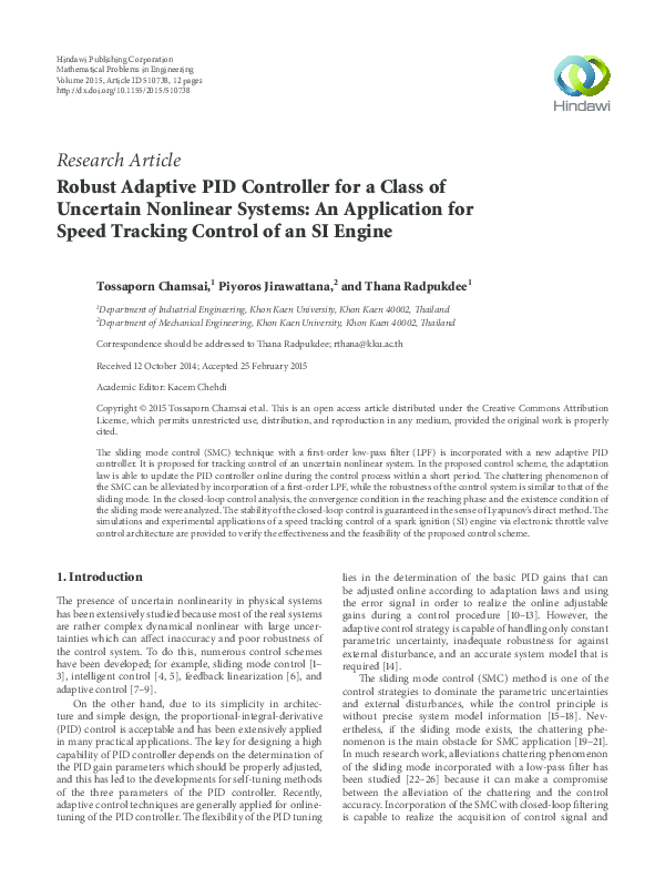 Pdf Robust Adaptive Pid Controller For A Class Of Uncertain Nonlinear Systems An Application