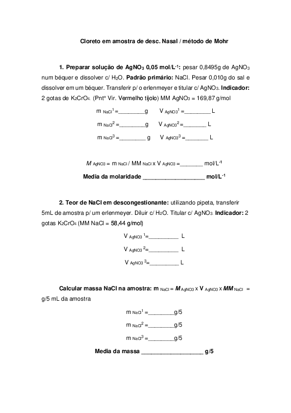 (DOC) Cloreto em amostra de desc. Nasal / método de Mohr