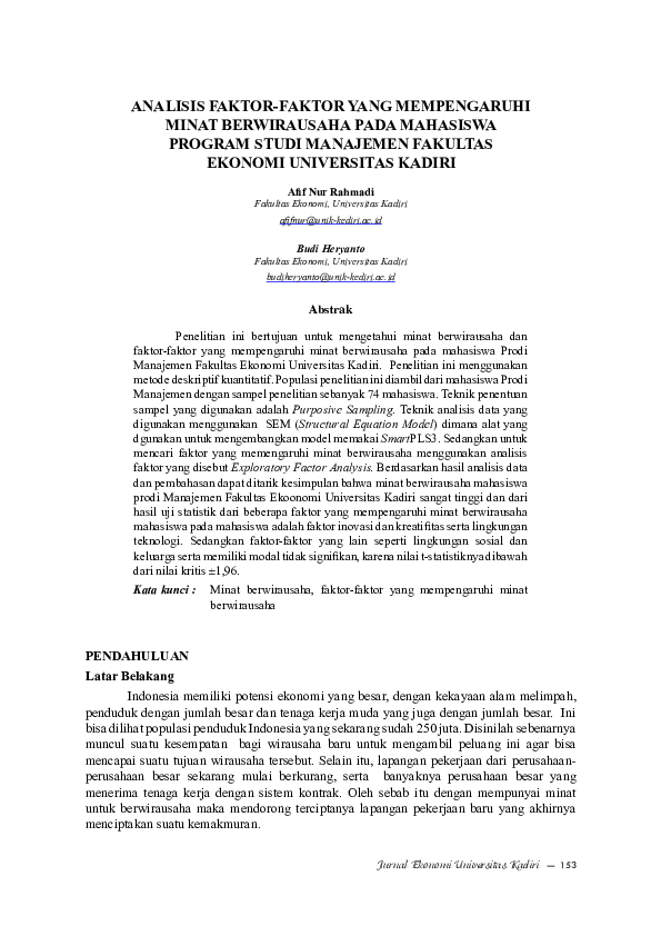 (PDF) ANALISIS FAKTOR-FAKTOR YANG MEMPENGARUHI MINAT BERWIRAUSAHA PADA MAHASISWA PROGRAM STUDI ...
