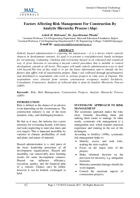 (PDF) Factors Affecting Risk Management For Construction By Analytic ...