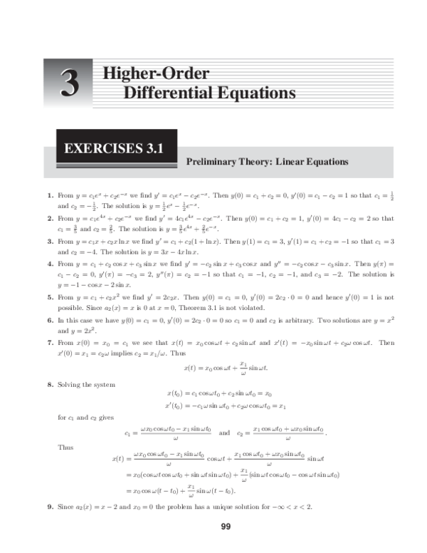 (PDF) 3 3 Higher-Order Differential Equations EXERCISES 3.1 Preliminary Theory: Linear Equations